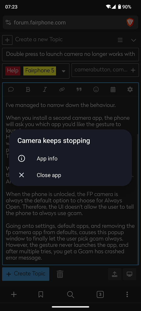 Double press to launch camera no longer works with 3rd party camera apps - Fairphone 5 ...